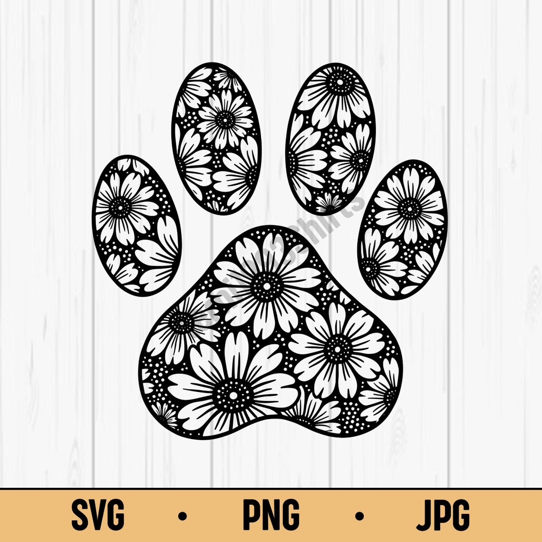 Floral Paw Print SVG PNG JPG – Dog or Cat Paw With Daisy Flowers Line ...