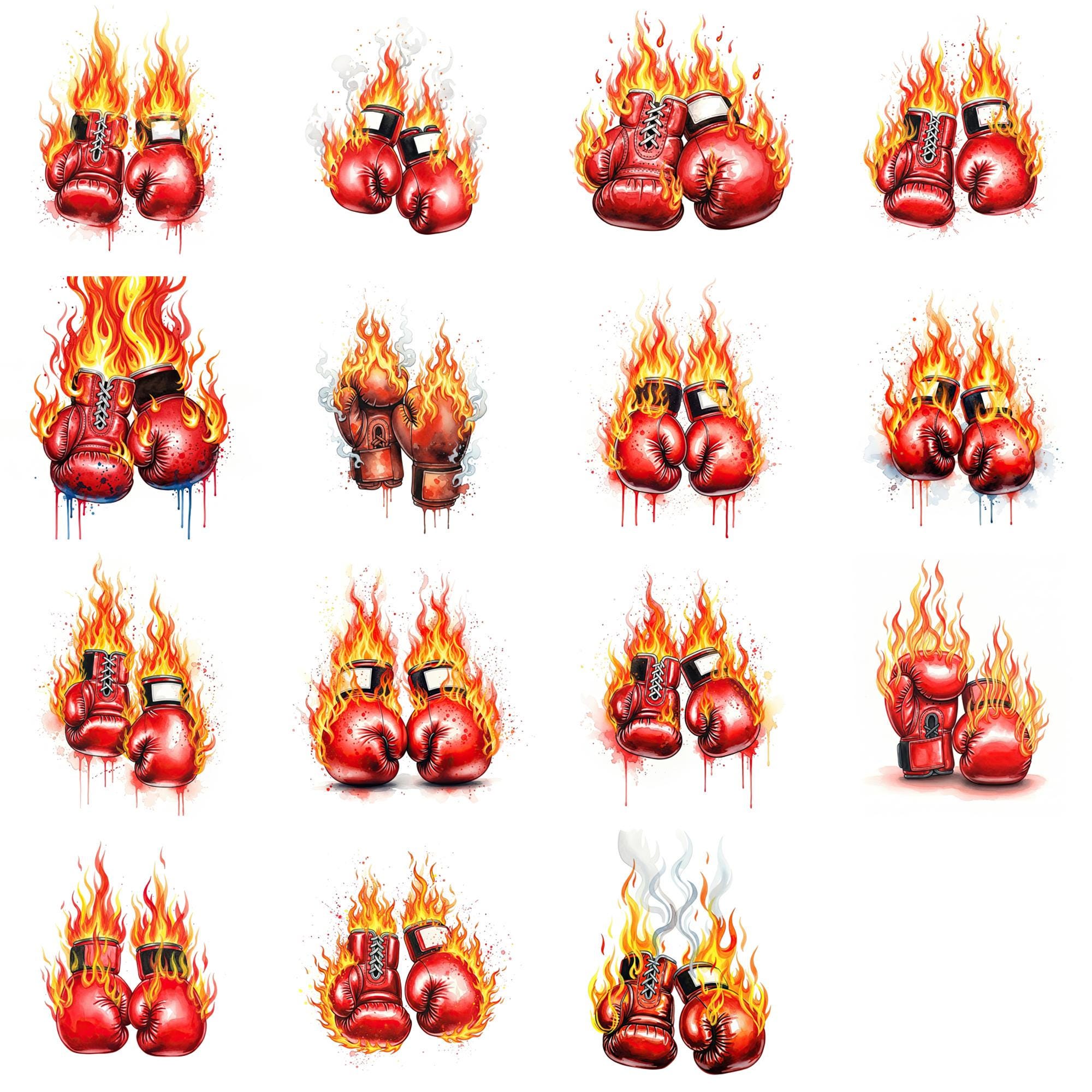 15 Boxing Gloves With Flames Watercolor Clipart JPG Bundle - Boxing ...