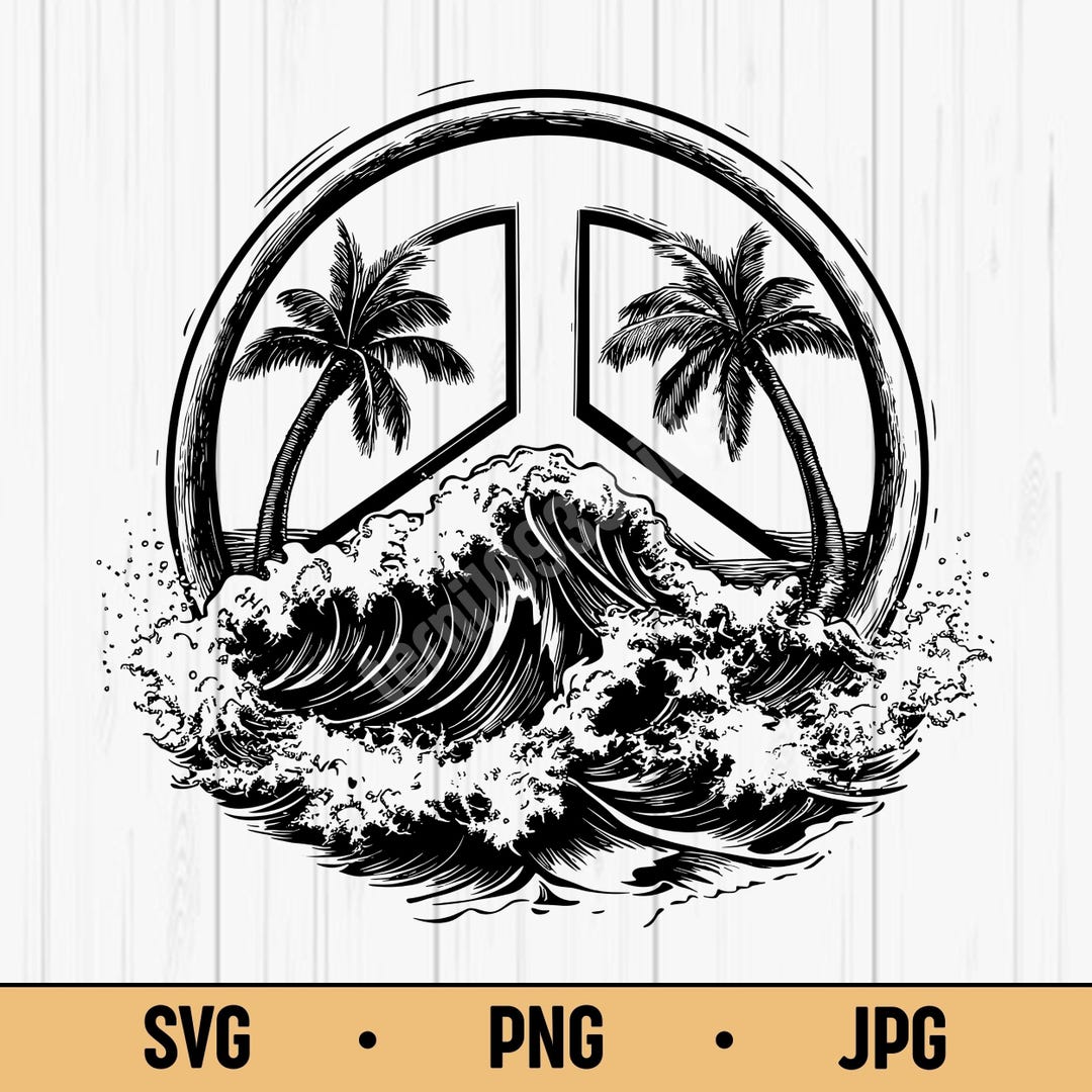 Tropical Peace Symbol With Ocean Wave PNG SVG – Palm Trees and Wave ...