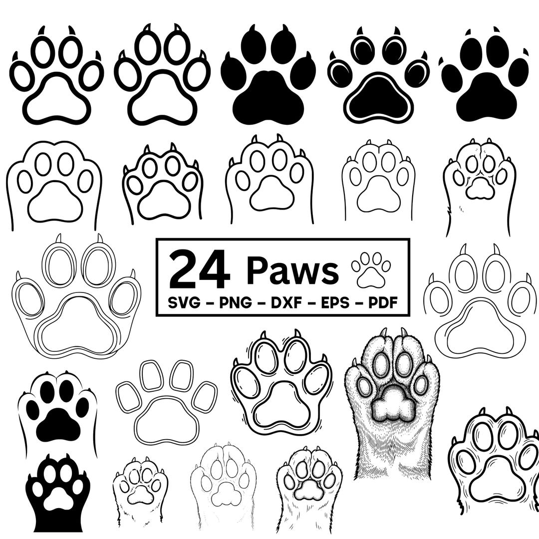 24 Cat and Dog Paws Svg Png Dxf Eps Pdf Bundle - Pet Paw Print Clipart ...