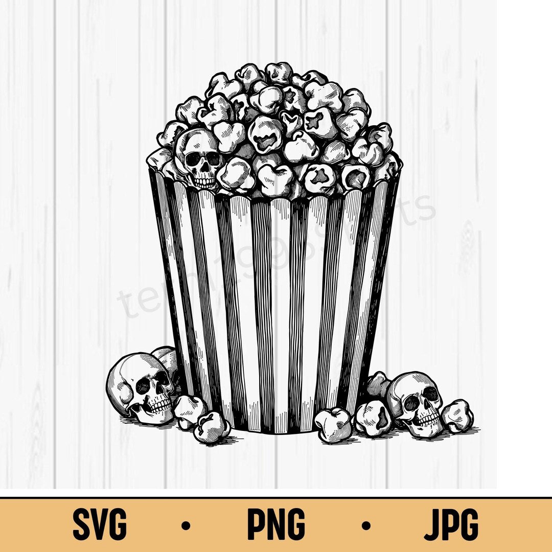Popcorn SVG PNG JPG – Retro Skull Popcorn Bucket Line Art, Cinema Snack ...