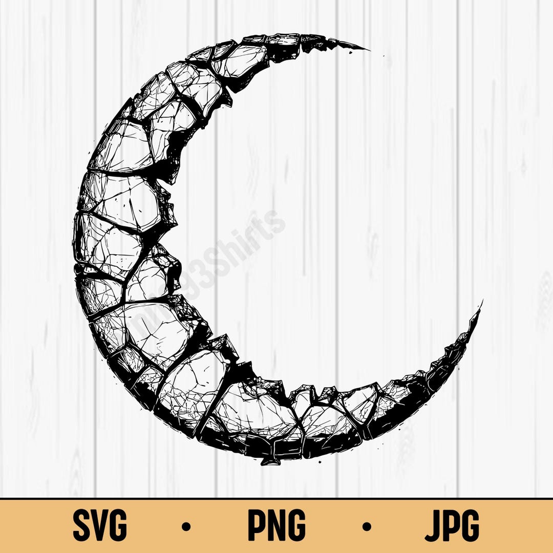 Cracked Moon PNG SVG – Gothic Crescent Moon Illustration With Broken ...