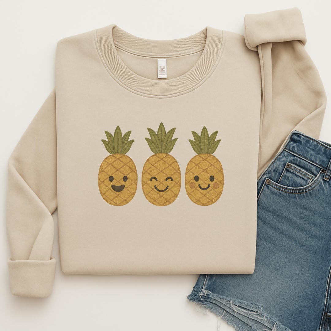Embroidered Kawaii Pineapples PNG - Cute Pineapples With Smiling Faces, Summer T-shirt Design ...