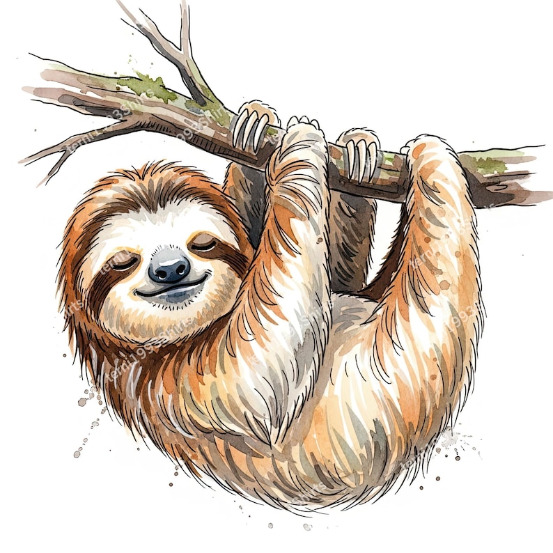 10 Sloth Watercolor Clipart JPG Bundle - Cute Sloth Illustration ...