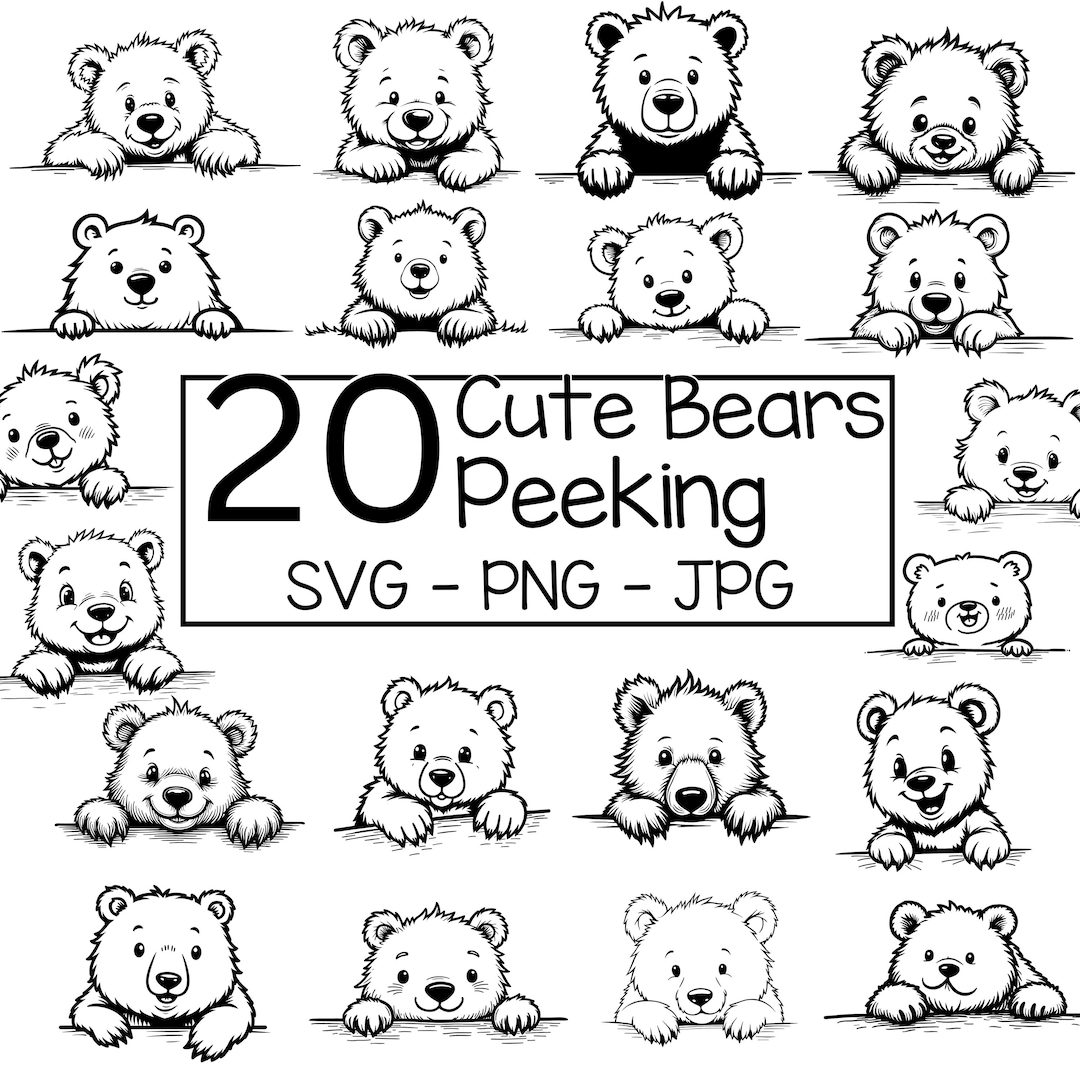 20 Cute Peeking Bear SVG PNG JPG - Bear Clipart Bundle, Hand-drawn ...