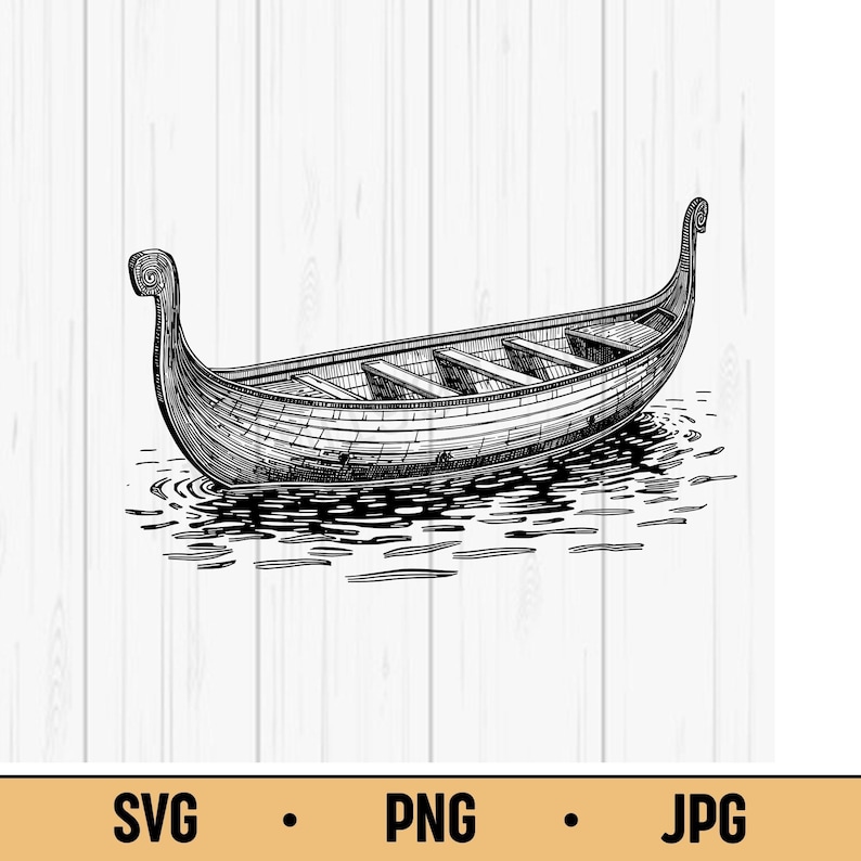 Viking Ship SVG PNG JPG – Hand Drawn Nordic Longboat on Water, Vintage ...