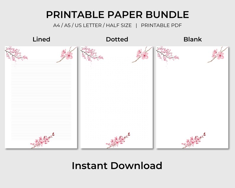 Cherry Blossom Printable Paper Bundle Lined, Dotted, and Blank Papers ...