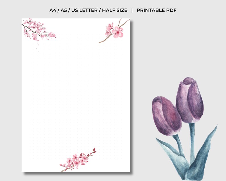 Cherry Blossom Printable Paper Bundle Lined, Dotted, and Blank Papers ...