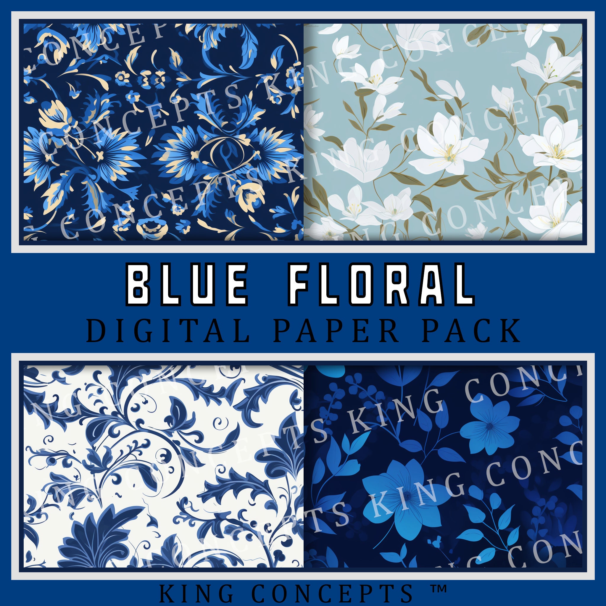 Blue Floral Digital Paper Pack: 10x Seamless High Quality Designs! - Etsy