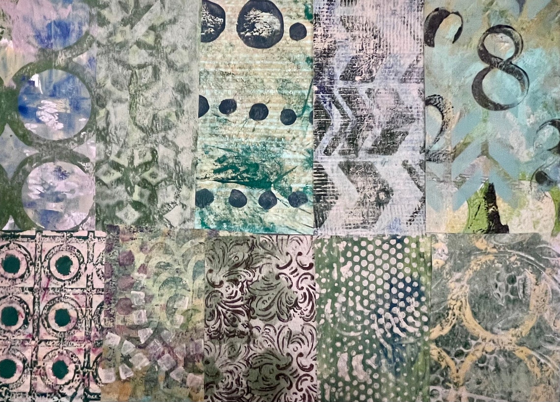 Assorted Green Gelli Plate Hand Painted Papers for Use in Collage ...