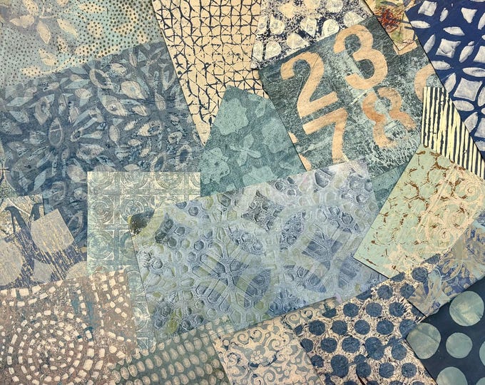 Assorted Blue Gelli Plate Hand- Painted Papers for Use in Collage, Art ...