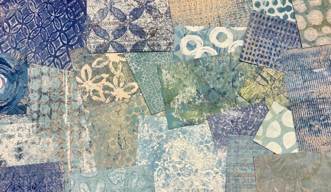 Blue Gelli Plate Printed Papers: Collage, Art Journal, Mixed Media - Etsy