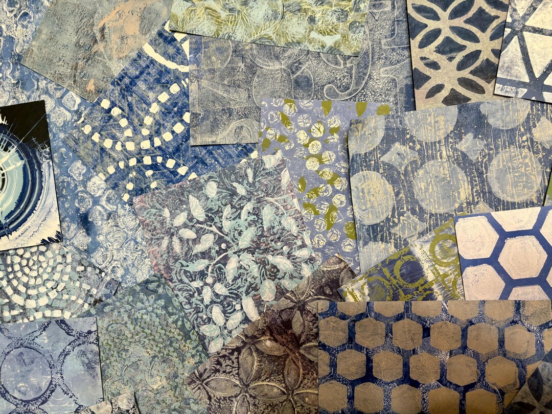 Assorted Blue Gelli Plate Hand-painted Papers for Use in Collage, Art ...