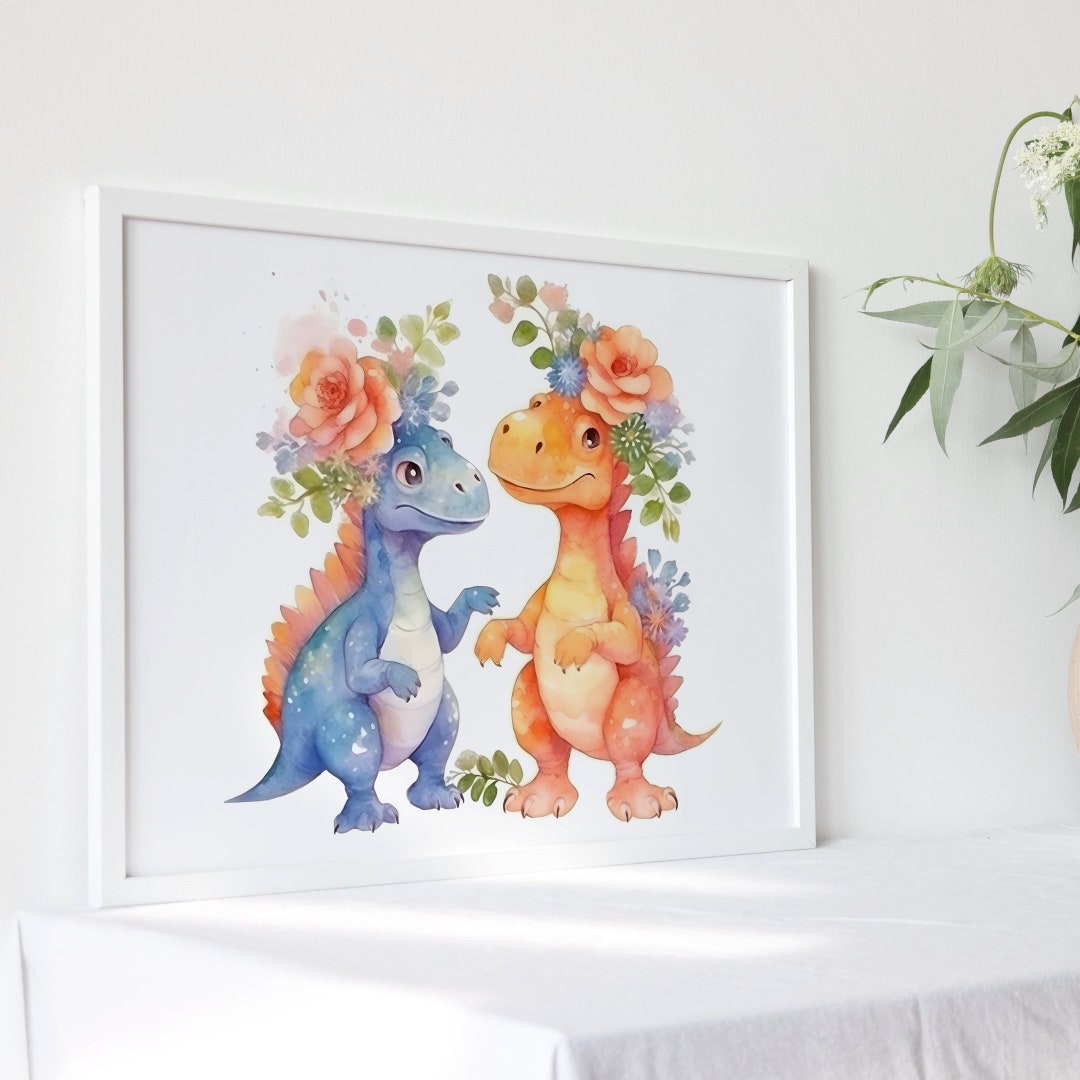Digital Watercolor Floral Dinosaurs Print - Kids Room Decor - Nursery ...