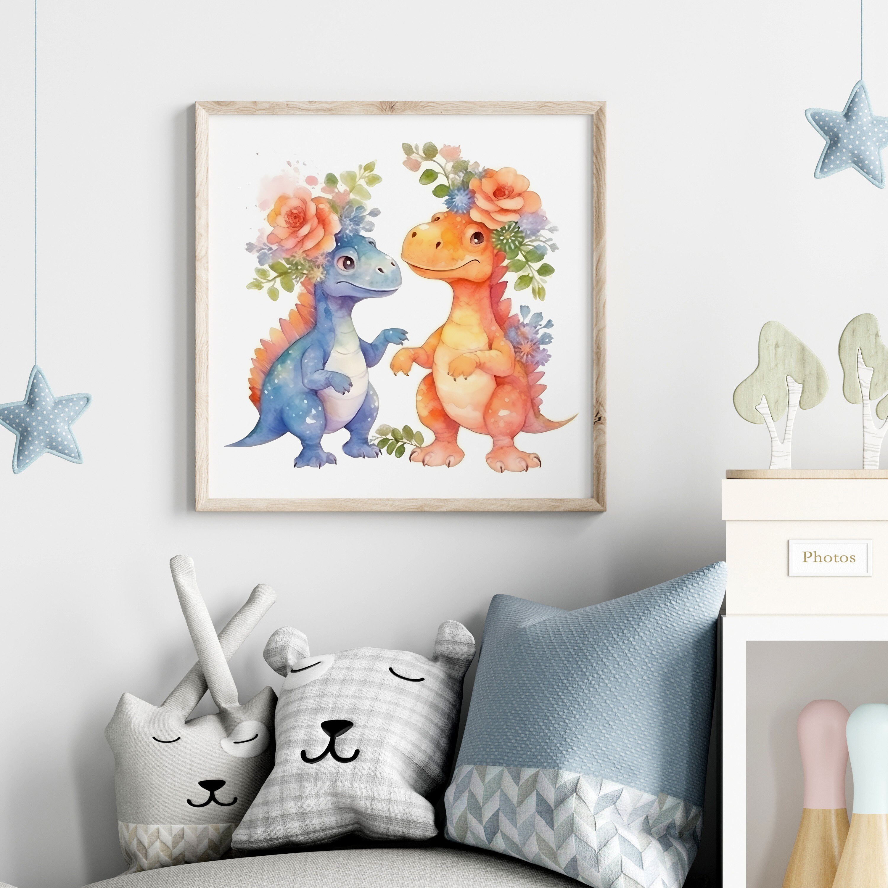 Digital Watercolor Floral Dinosaurs Print - Kids Room Decor - Nursery ...