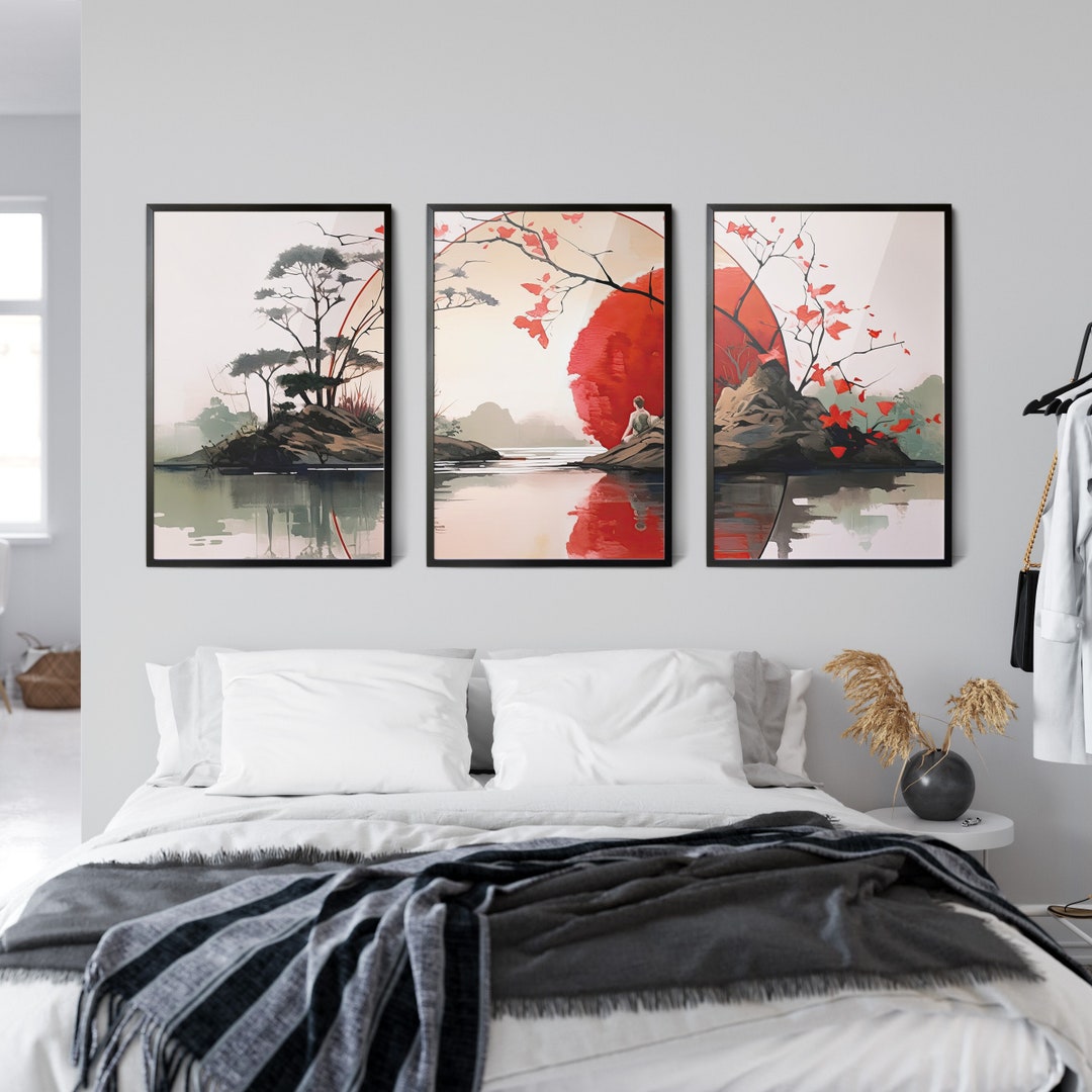 Japandi Landscape and Red Sun Wall Art Set of 3 Japanese Wall - Etsy