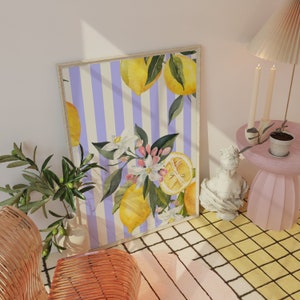 Blue Stripe Lemon Print Set of 3 Lemons of Amalfi Maximalism Decor ...