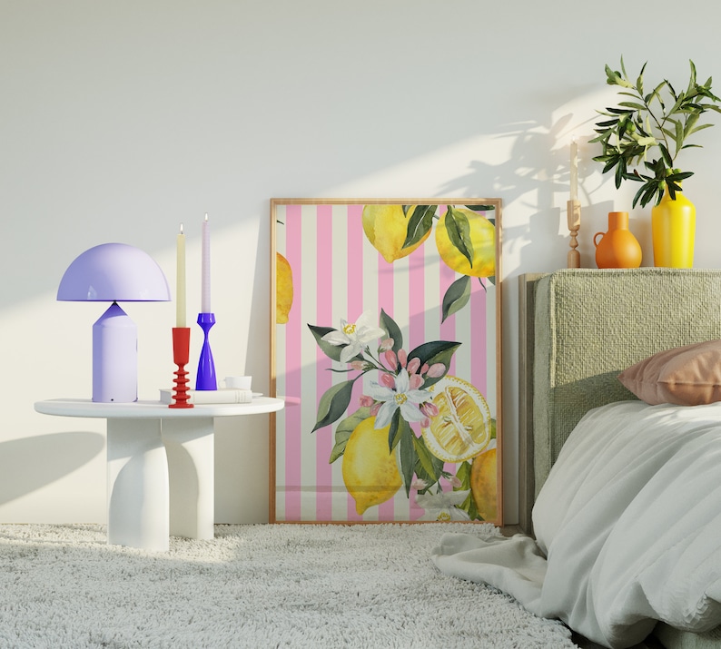 Pink Stripe Lemon Print - Set of 3 - Lemons of Amalfi - Maximalism ...