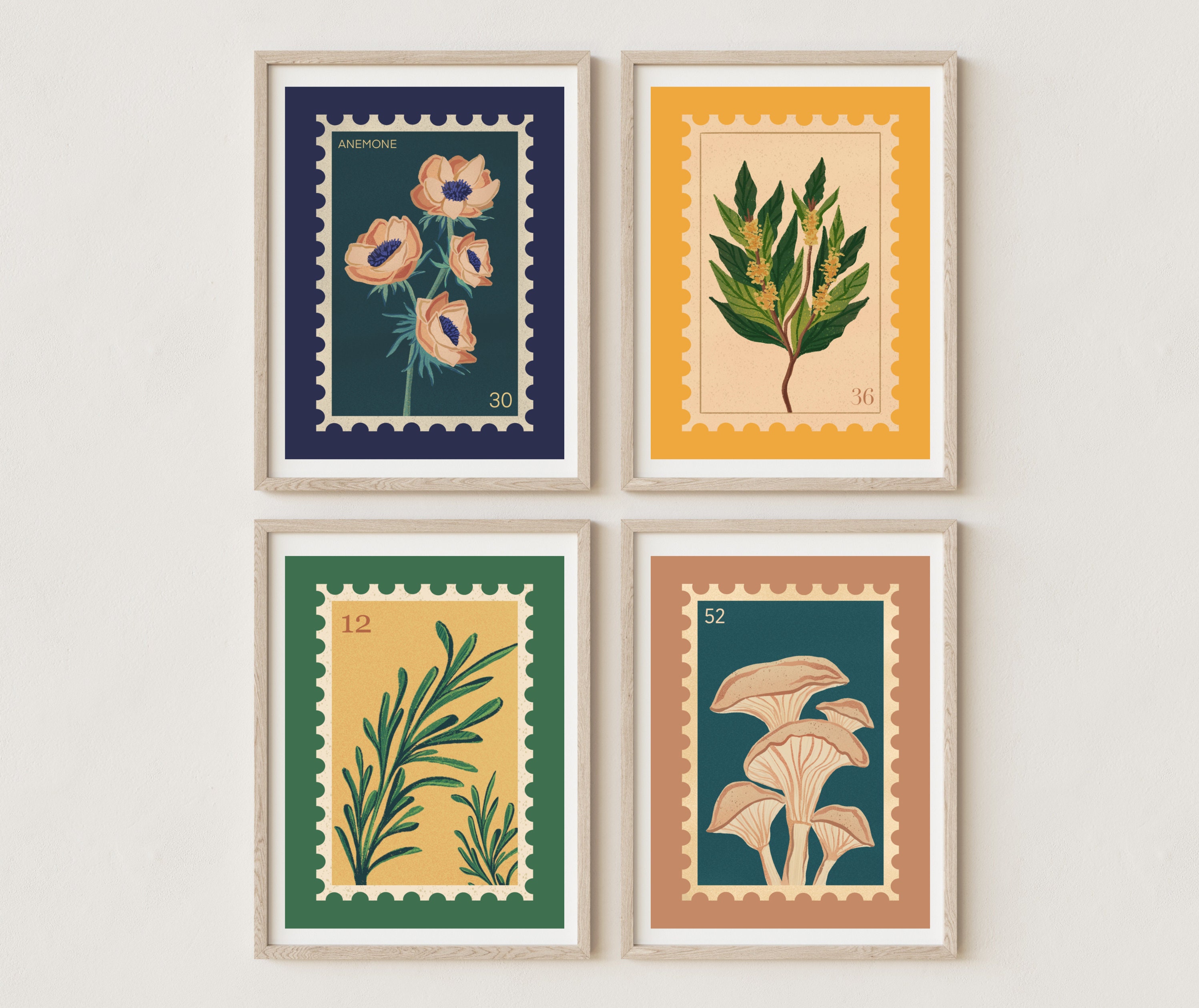 Vintage Stamp Poster Set Floral Gallery Wall Set Digital Prints - Etsy