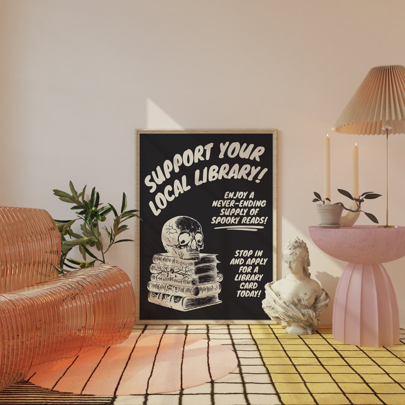 Support Your Local Library Print, Spooky Wall Art, Black and White Art ...