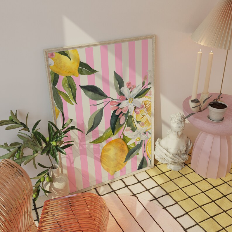 Pink Stripe Lemon Print - Set of 3 - Lemons of Amalfi - Maximalism ...