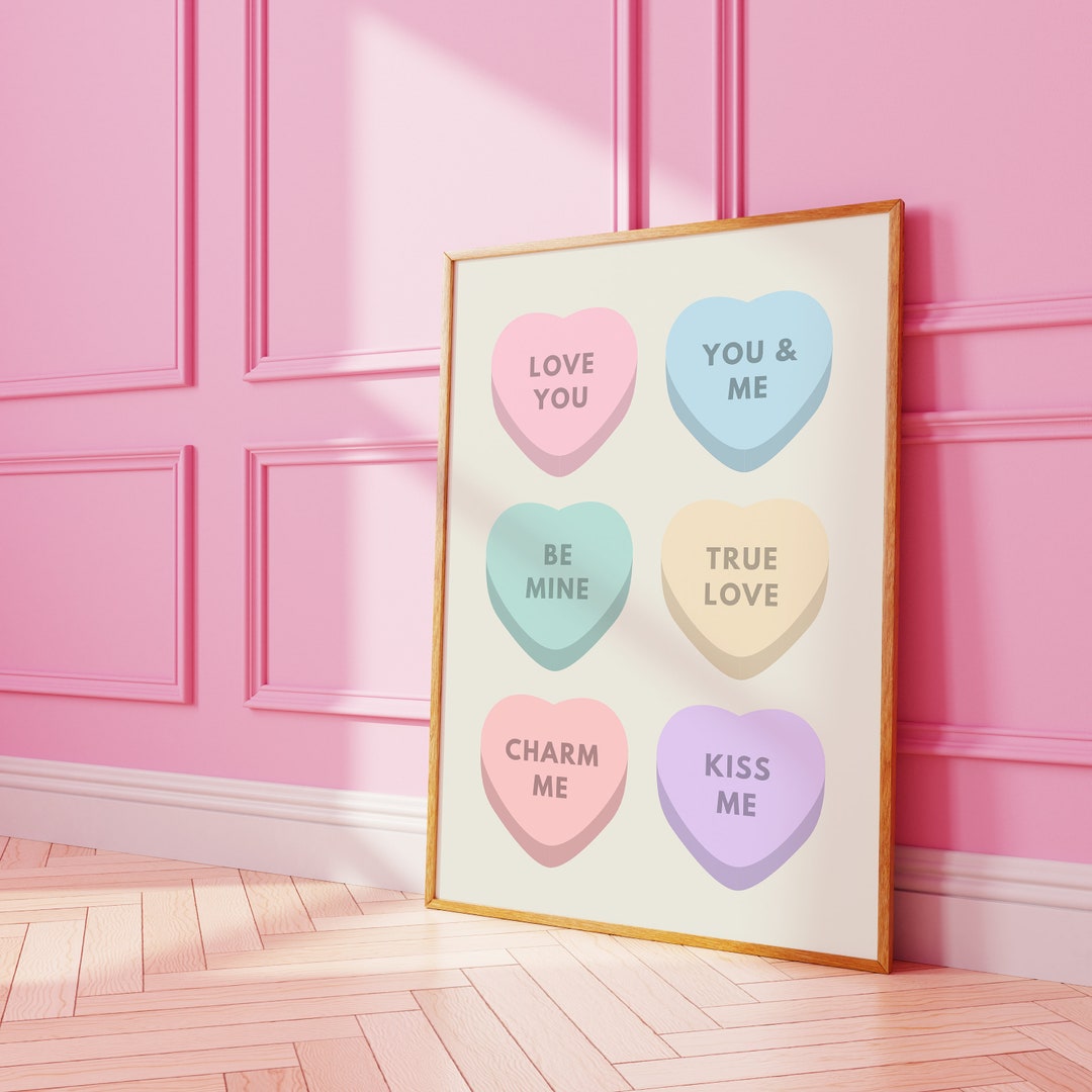 Candy Heart Print, Sweetheart Decor, Pastel Wall Decor, Trendy Posters ...