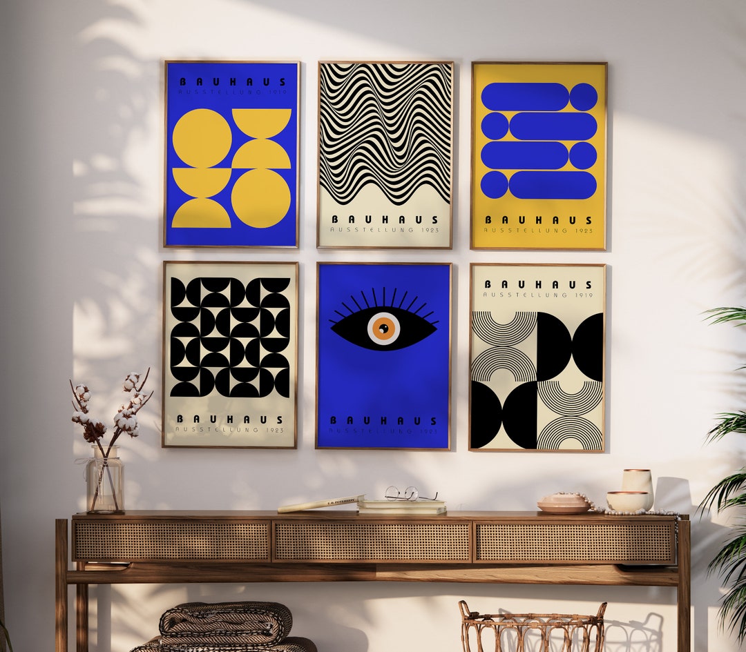 Bauhaus Blau Gelb Drucke 6er Set Maximalismus Dekor Bunte Wandkunst Eklektische Galerie ...