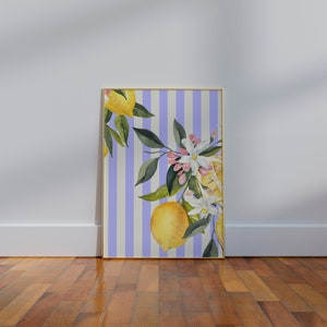 Blue Stripe Lemon Print Set of 3 Lemons of Amalfi Maximalism Decor ...