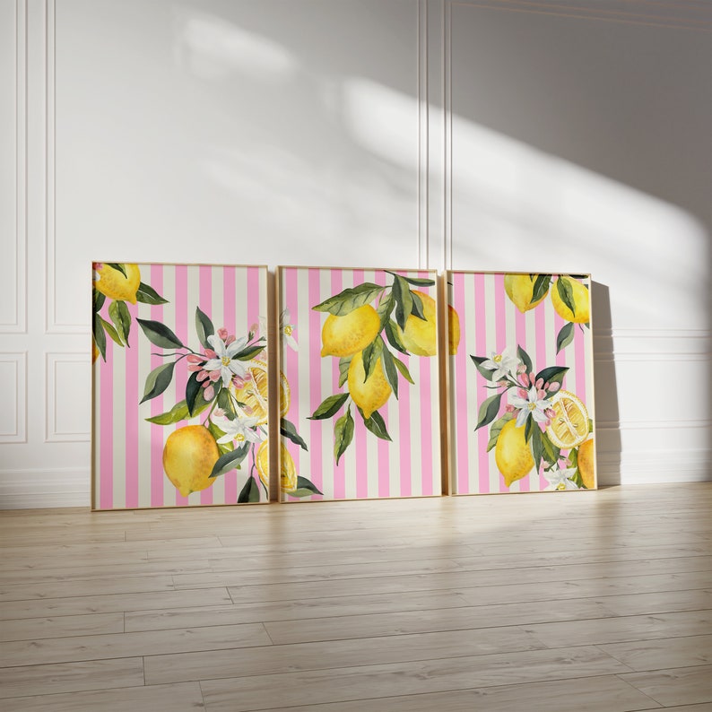 Pink Stripe Lemon Print - Set of 3 - Lemons of Amalfi - Maximalism ...