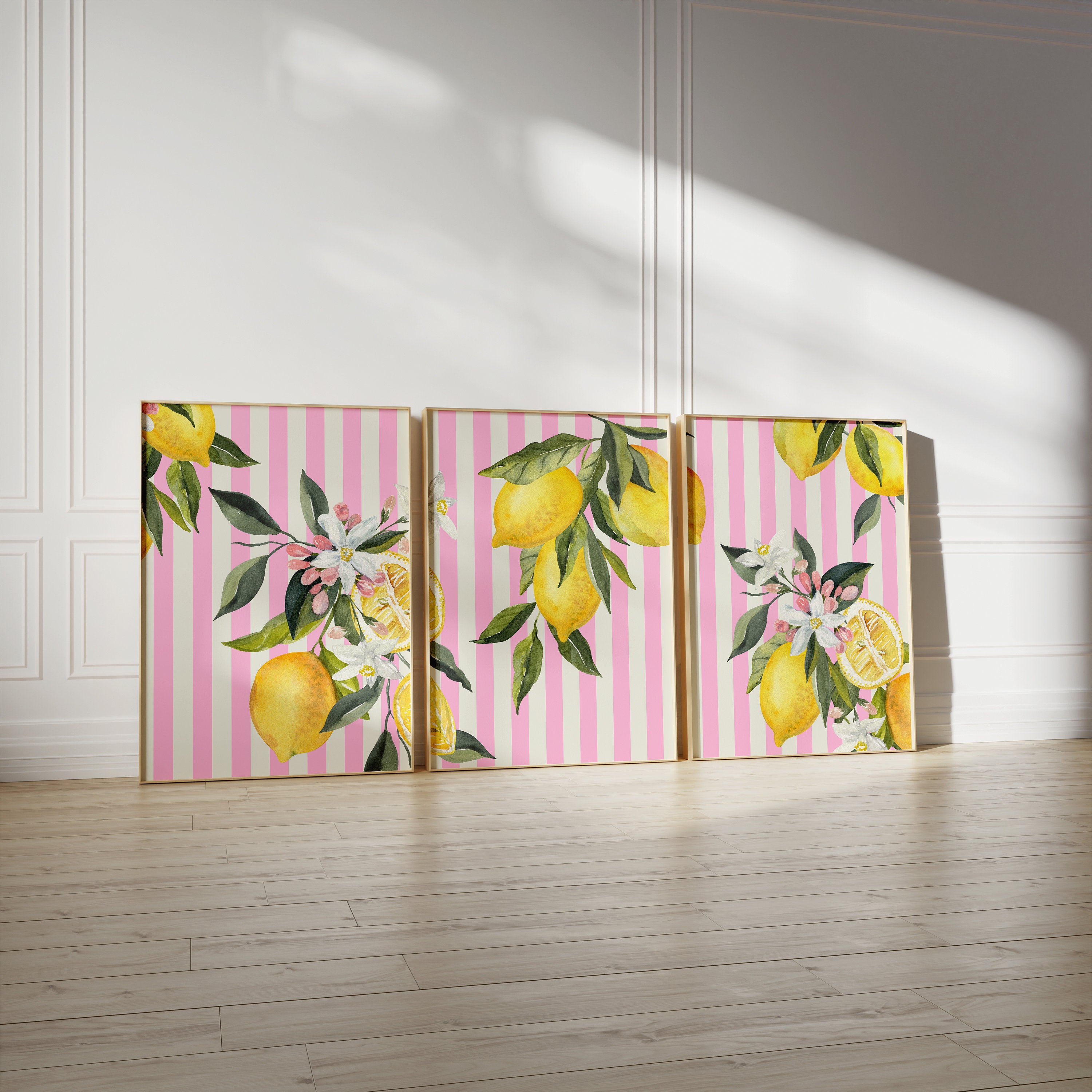 Pink Stripe Lemon Print - Set of 3 - Lemons of Amalfi - Maximalism ...