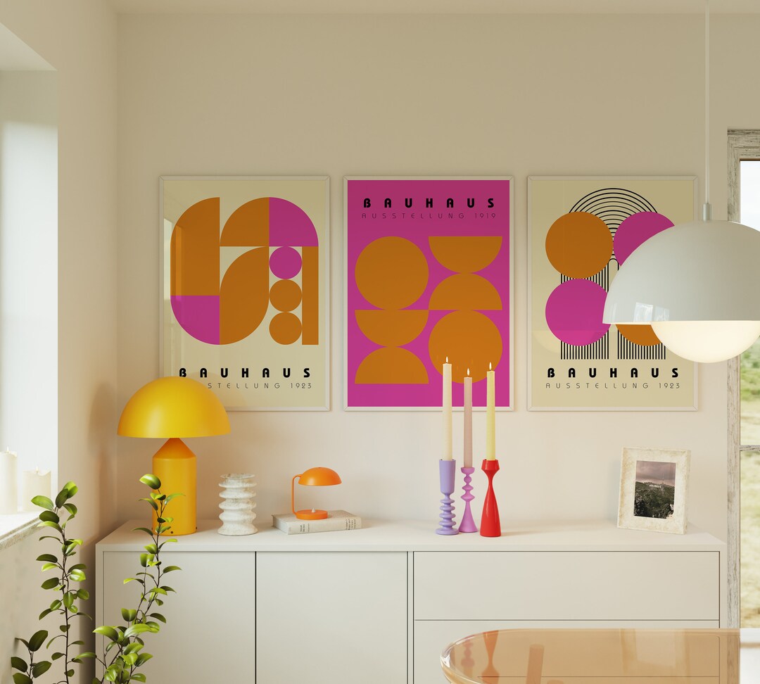Bauhaus Pink Orange Print Set Set of 3 Mid Century Modern Art Eclectic ...