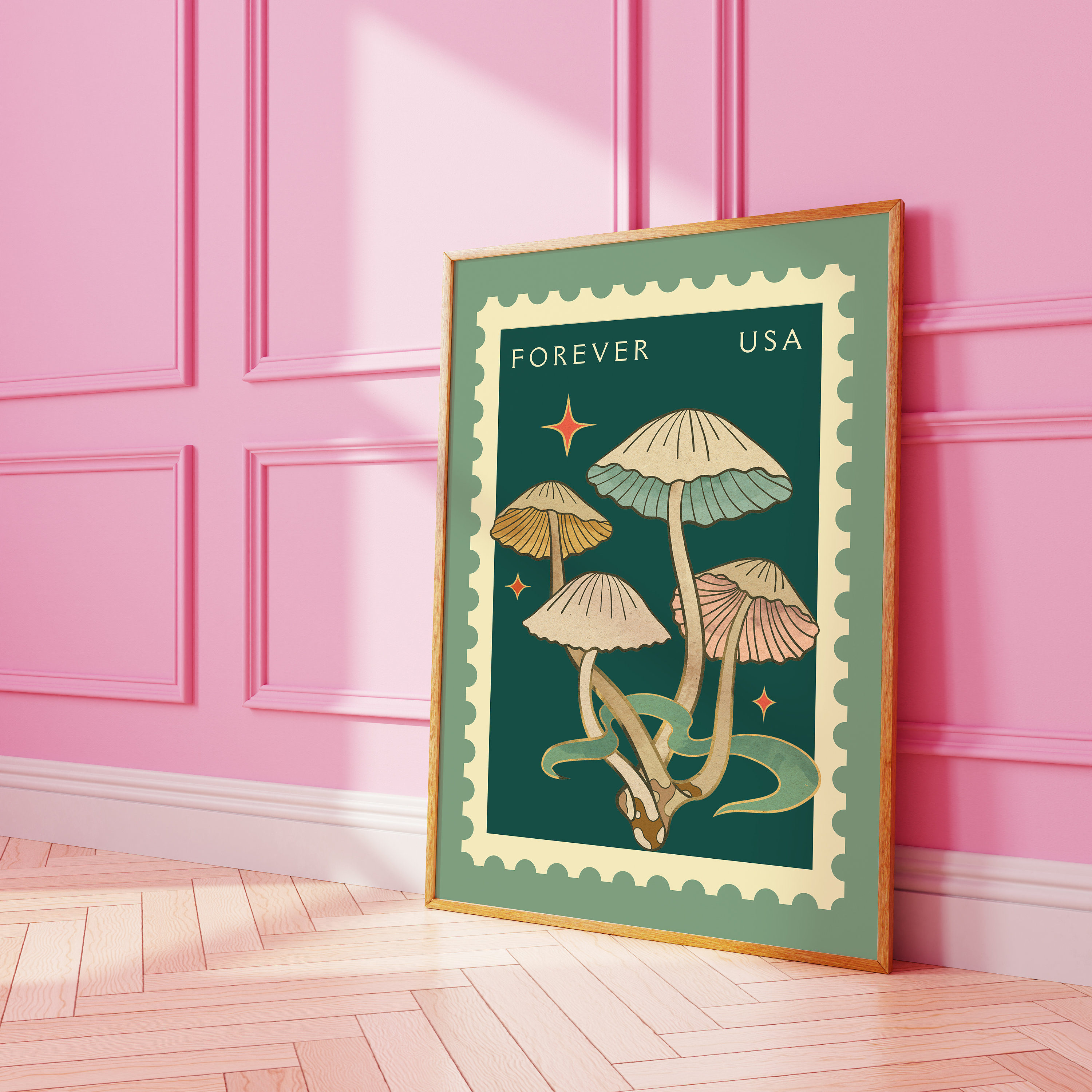Vintage Stamp Art, 70s Retro Print, Mushroom Decor, Cottagecore Poster ...