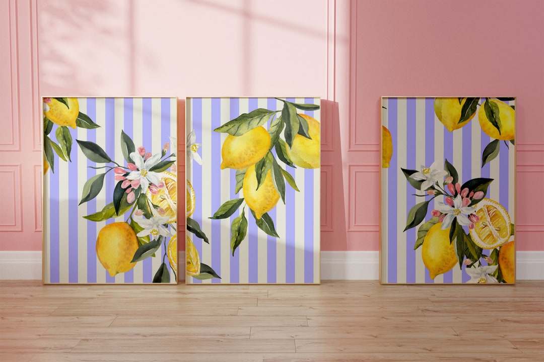 Blue Stripe Lemon Print - Set of 3 - Lemons of Amalfi - Maximalism ...