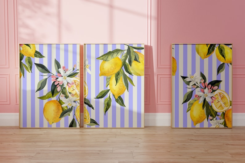 Blue Stripe Lemon Print - Set of 3 - Lemons of Amalfi - Maximalism ...