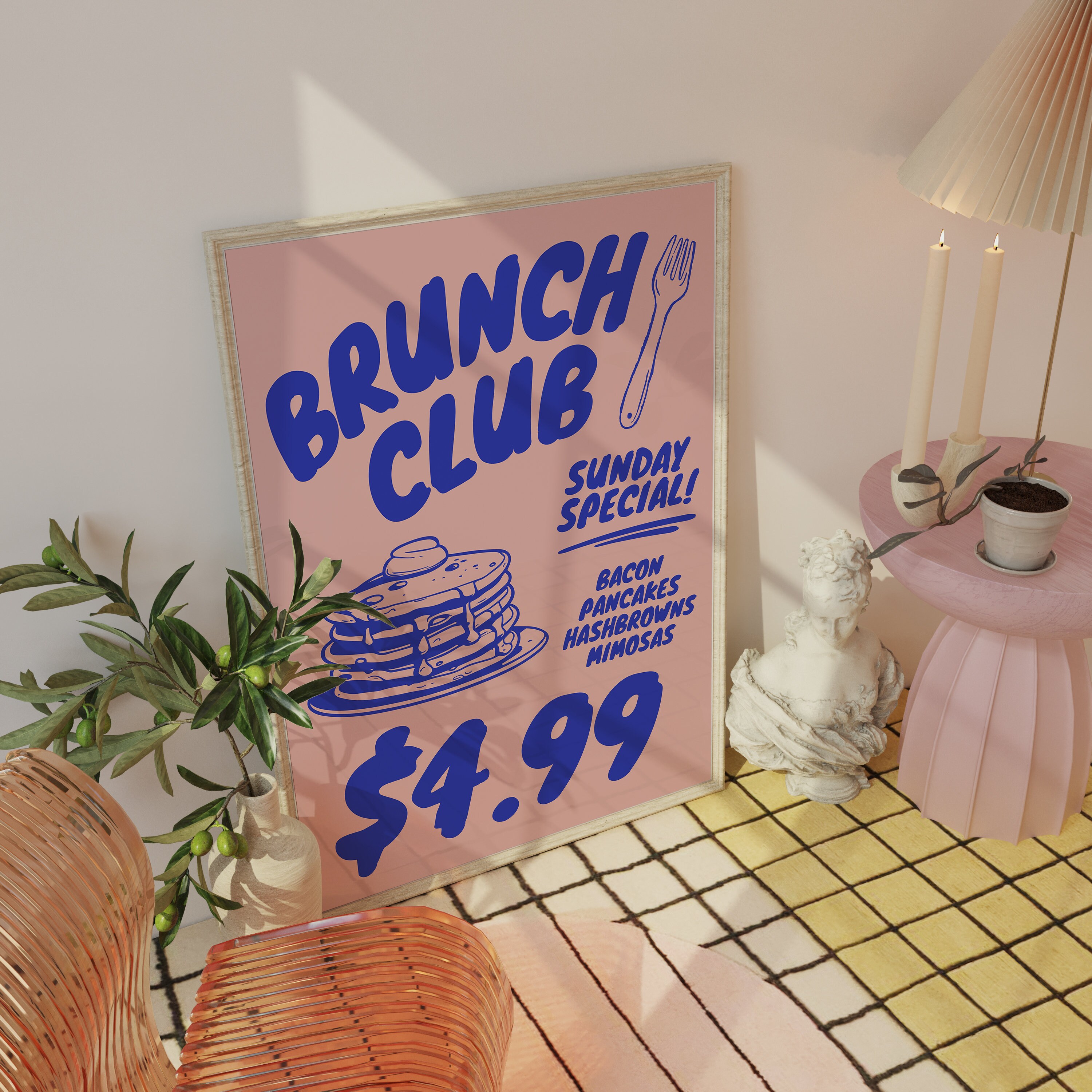 Brunch Club Print, Vintage Advertisement, Quirky Kitchen Art, Pink ...