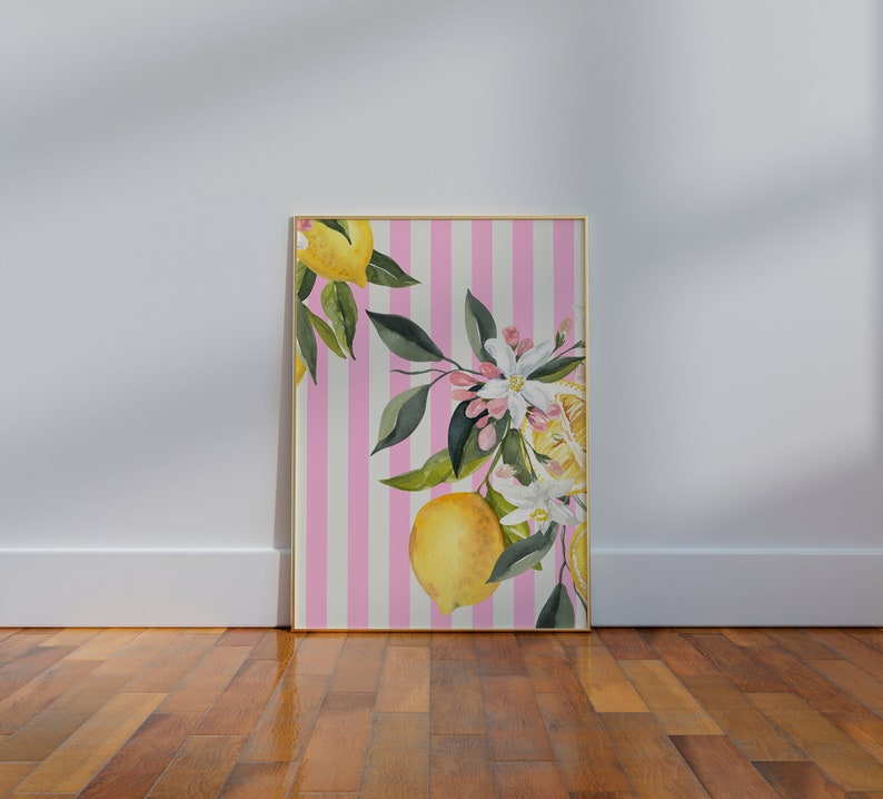Pink Stripe Lemon Print Set of 3 Lemons of Amalfi Maximalism Decor ...