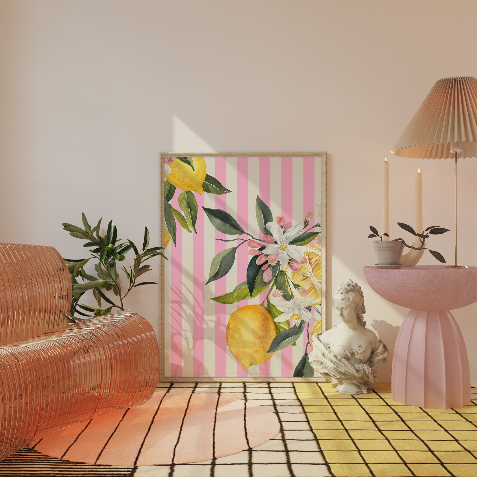 Pink Stripe Lemon Print - Set of 3 - Lemons of Amalfi - Maximalism ...
