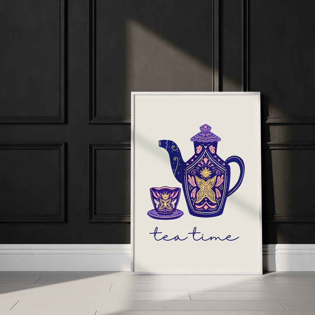 Tea Time Print, Teapot Poster, Quirky Kitchen Decor, Blue Kitchen ...