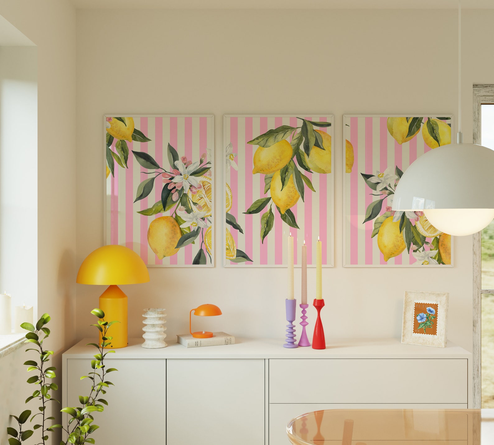 Pink Stripe Lemon Print - Set of 3 - Lemons of Amalfi - Maximalism ...