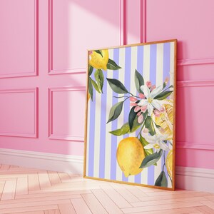 Blue Stripe Lemon Print Set of 3 Lemons of Amalfi Maximalism Decor ...