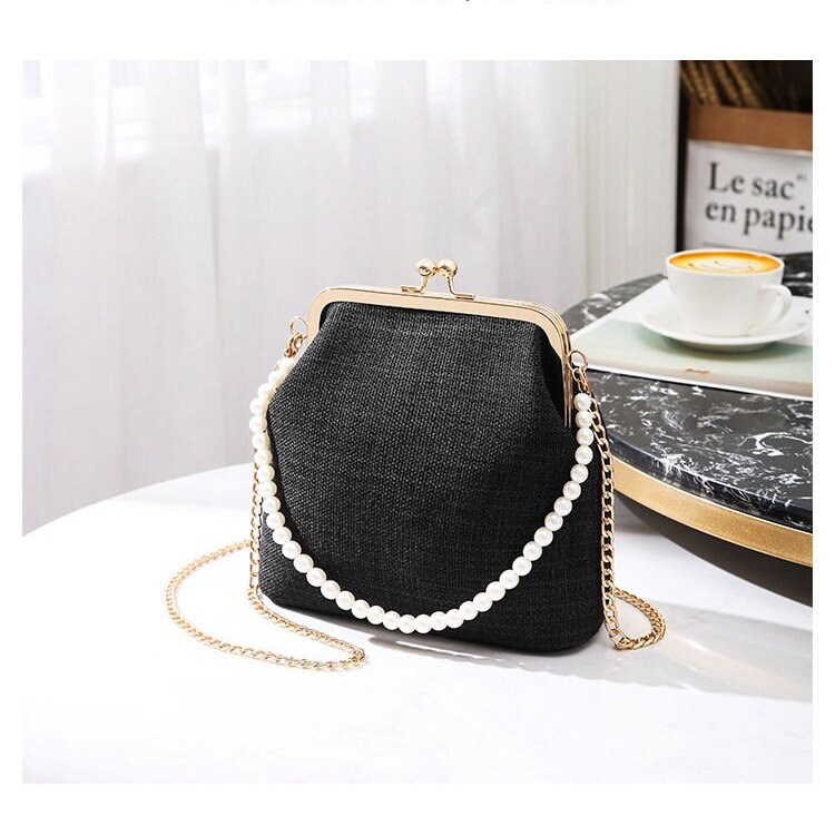 Kiss Lock Chain Strap Crossbody Mini Handbag, Cotton Purse, Women ...