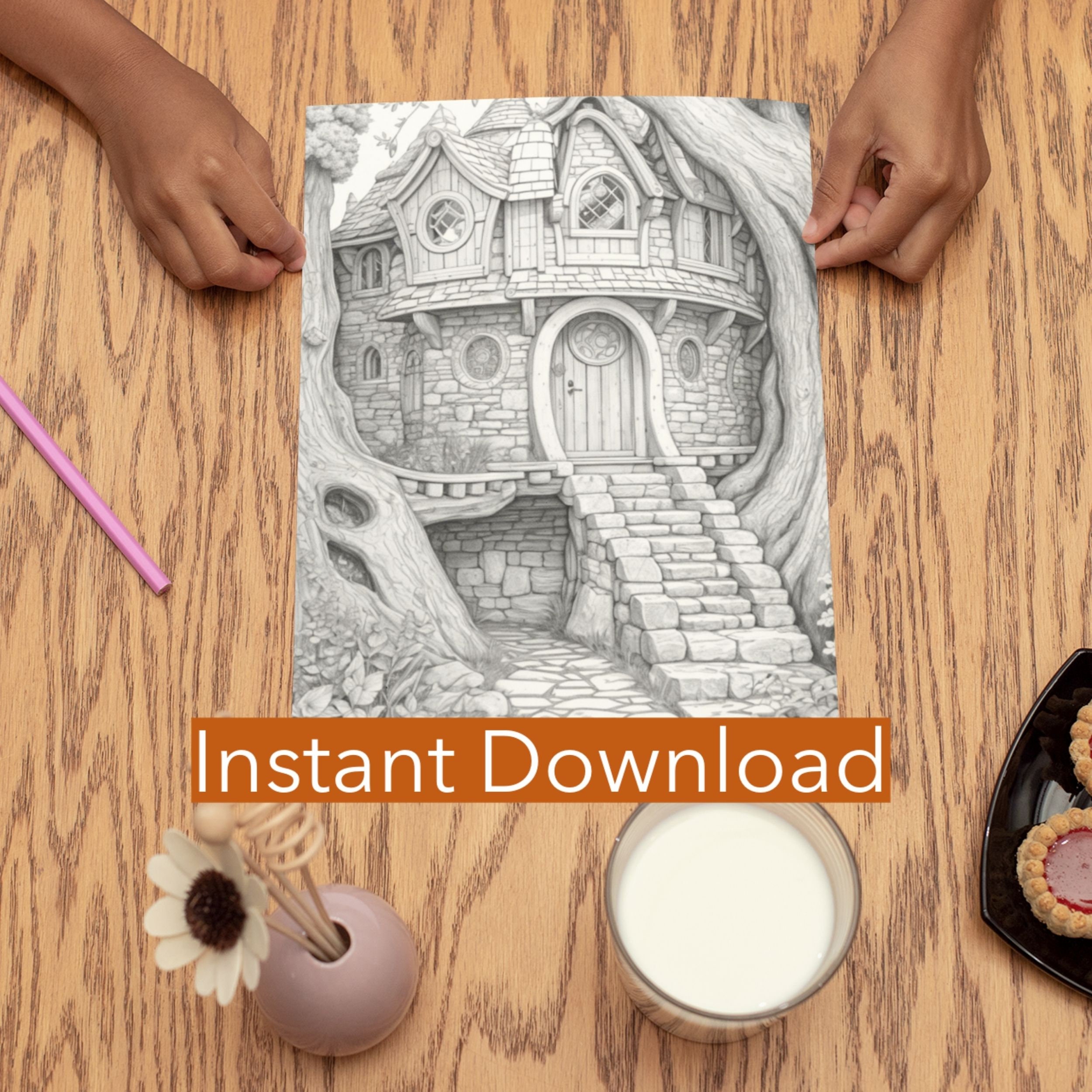 Enchanted Treehouse Coloring Book grayscale Outline Adults Kids ...