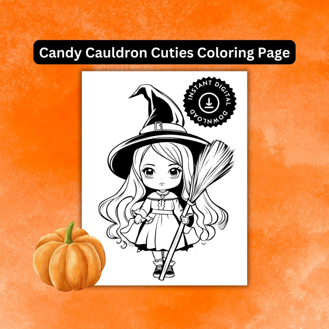 Cute Witch Halloween Coloring Page, Adults and Kids Colouring Book ...