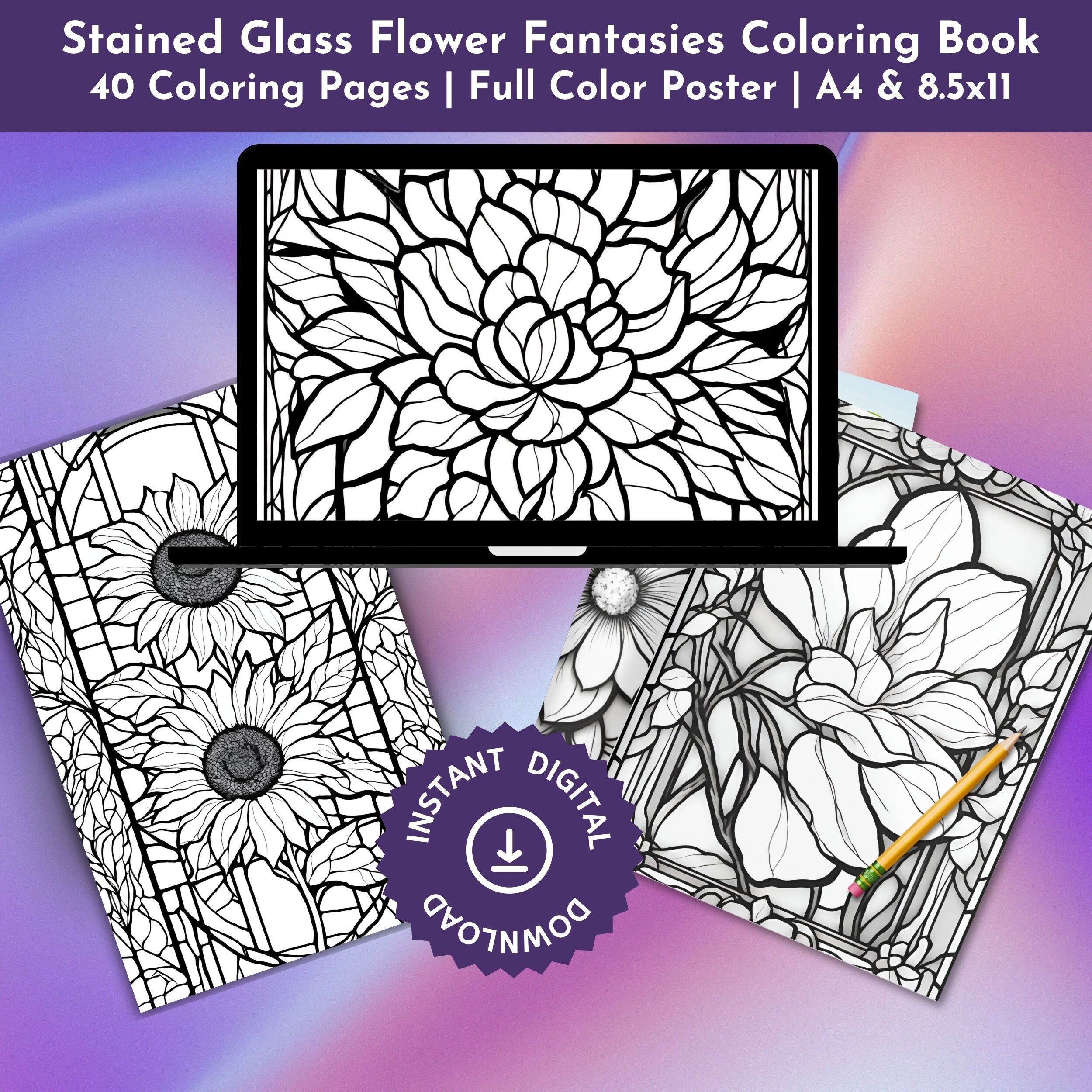 Stained Glass Flower Coloring Page, Adults and Kids Coloring Book ...