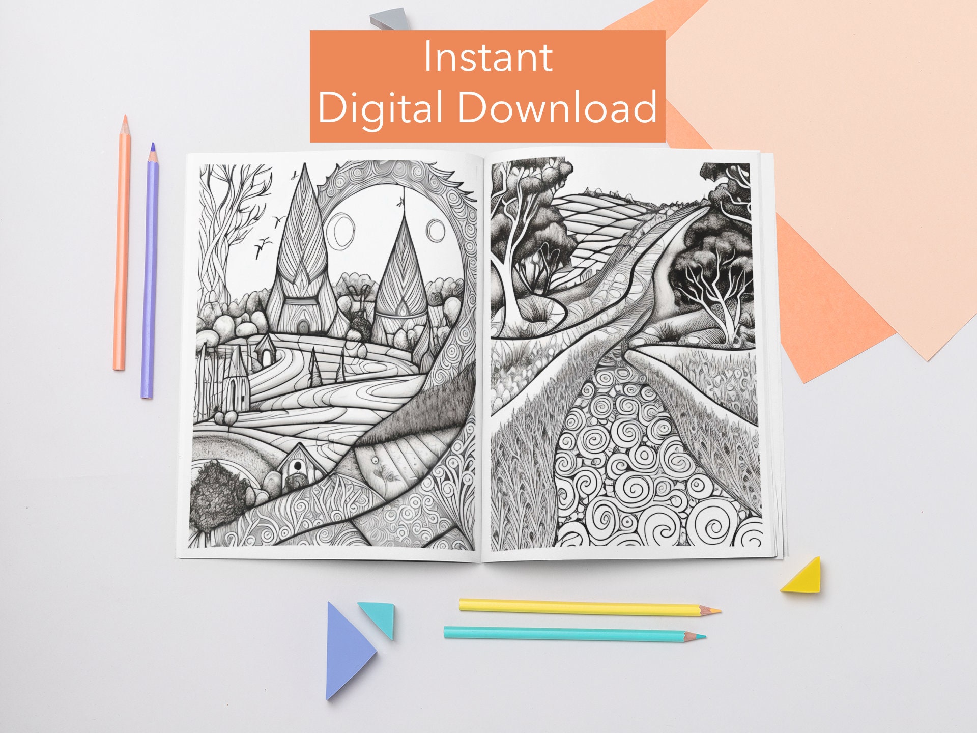 Mystical Lands Coloring Book: Fantasy Life, Adult and Kids Grayscale ...