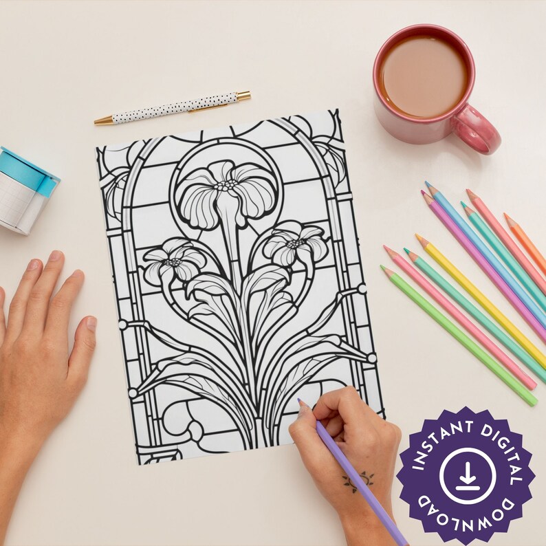 Stained Glass Flower Coloring Page, Adults and Kids Coloring Book ...