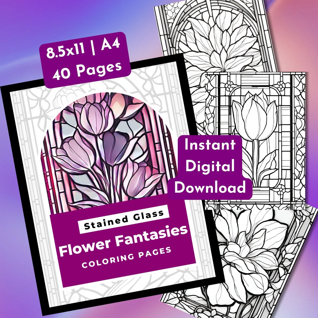 Stained Glass Flower Coloring Page, Adults and Kids Coloring Book ...