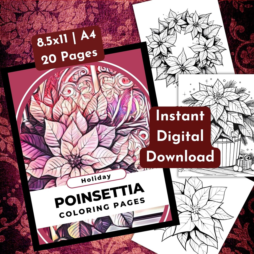 Poinsettia Holiday Coloring Pages, Adults & Kids Colouring Book ...
