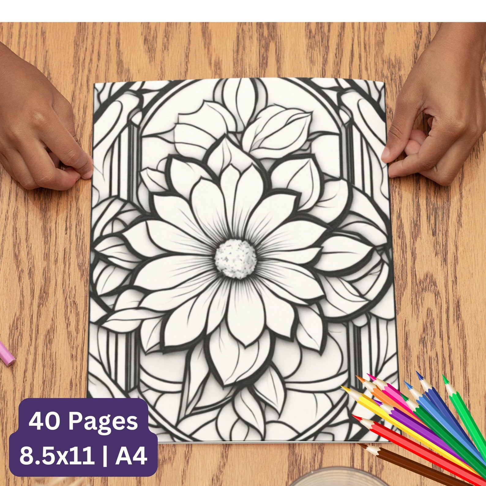 Stained Glass Flower Coloring Page, Adults and Kids Coloring Book ...