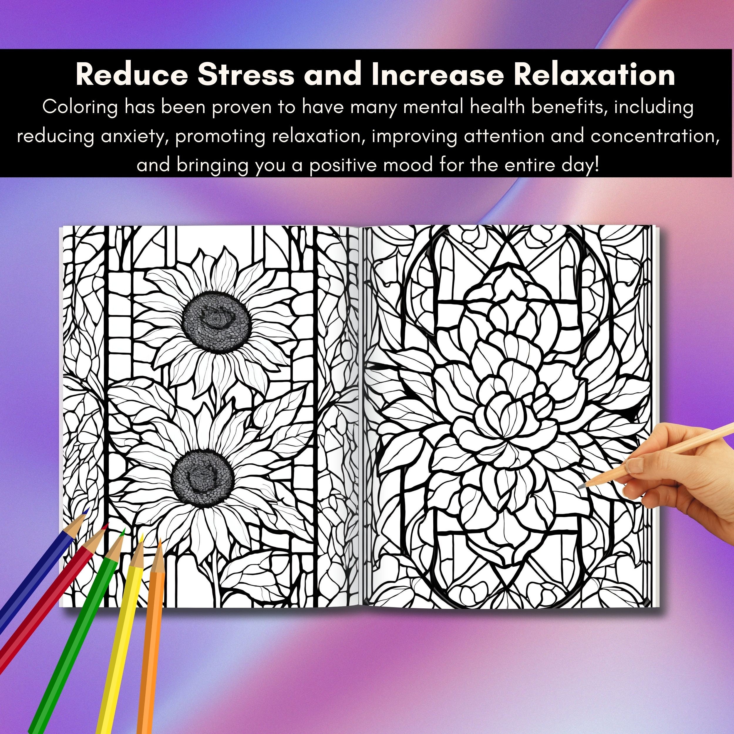 Stained Glass Flower Coloring Page, Adults and Kids Coloring Book ...